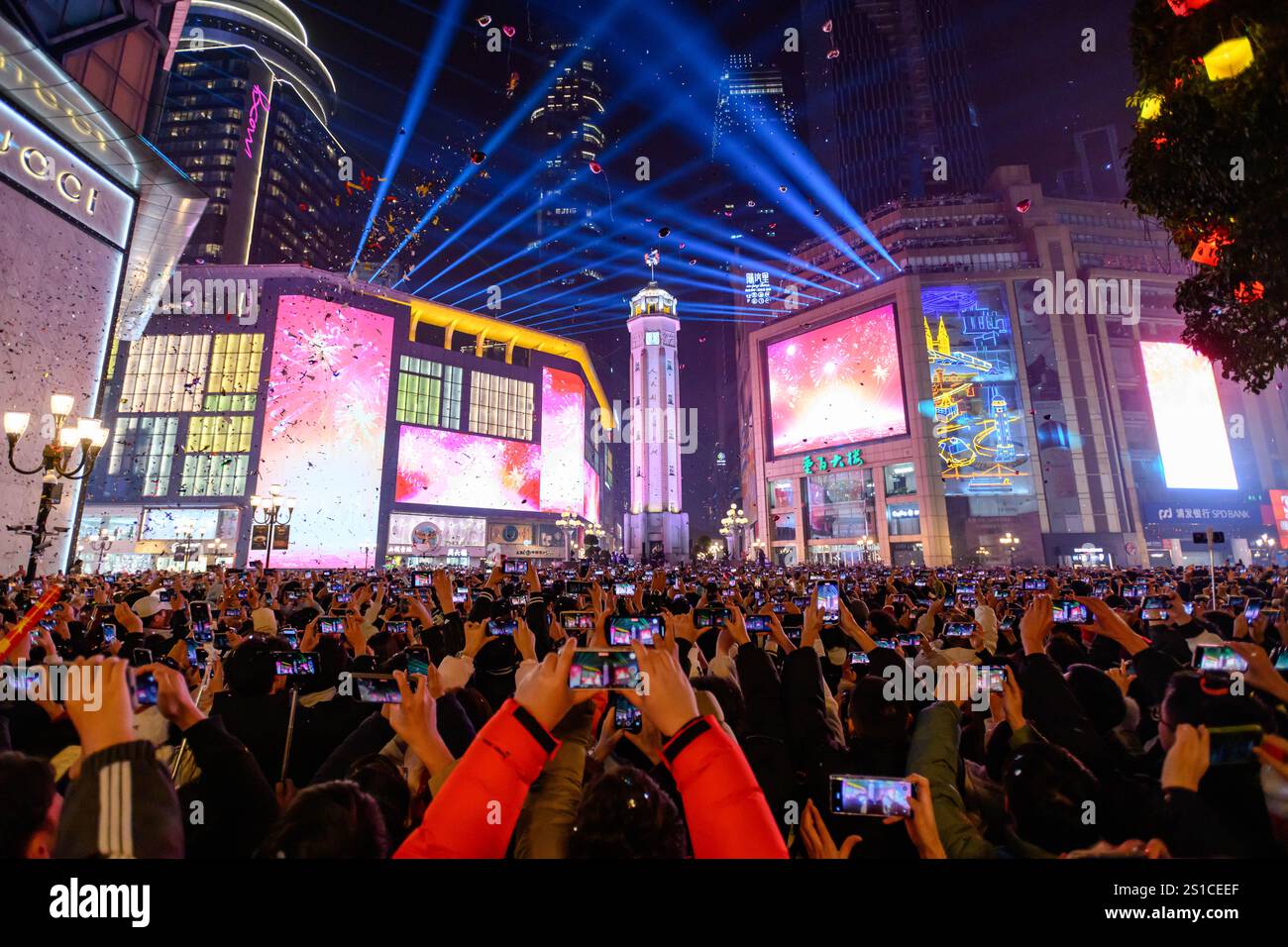 Chongqing,China.1st January 2025. People crowd at Jiefangbei Pedestrian ...