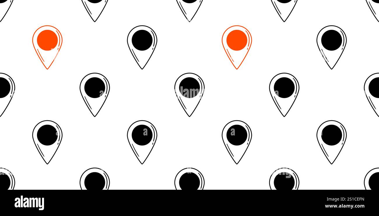 Seamless pattern of black and red location pins on white background. Hand-drawn doodle style ...