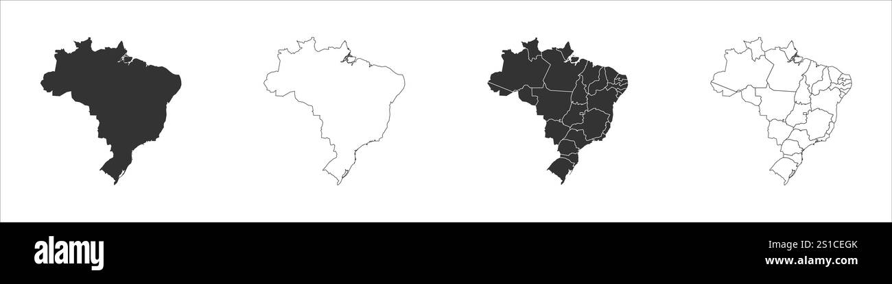 Brazil set of three maps - solid map, outline map and map highlighting ...