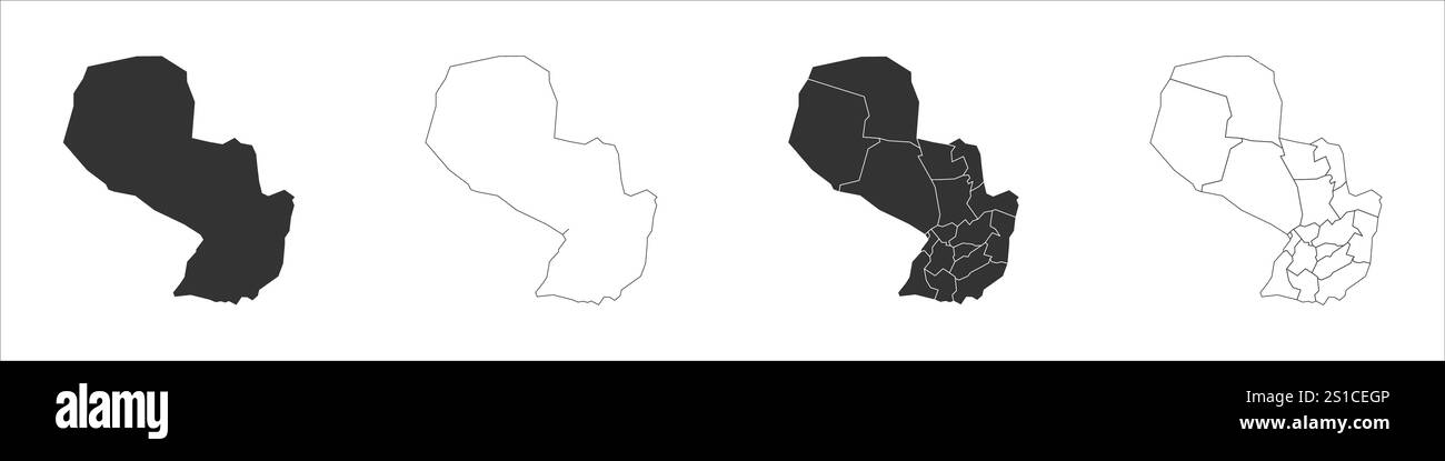 Paraguay set of three maps - solid map, outline map and map highlighting administrative ...