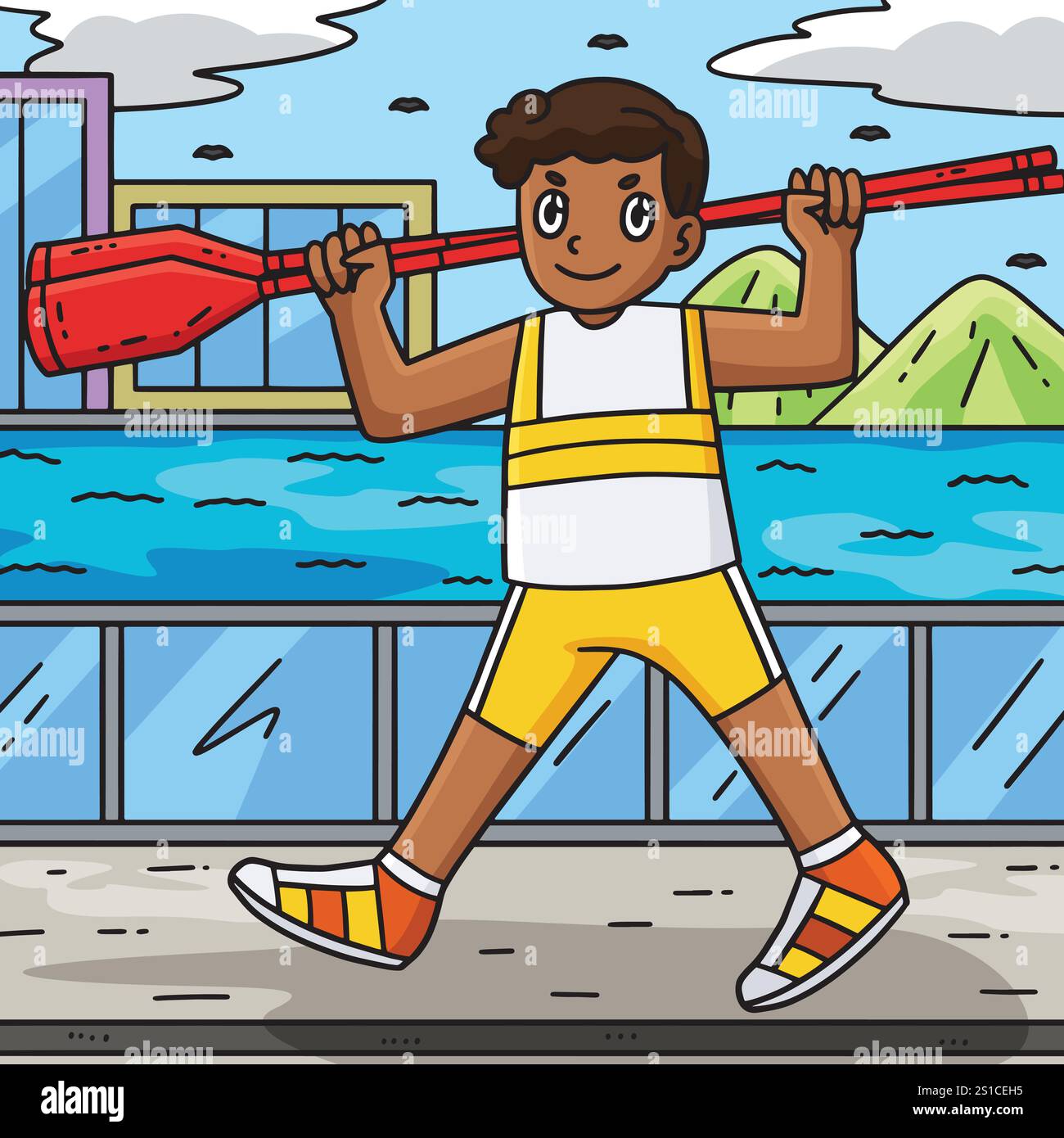 Rowing Oarsman Carrying Oars Colored Cartoon Stock Vector Image & Art ...