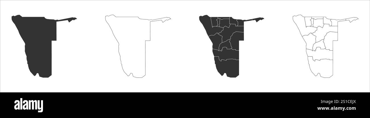 Namibia set of three maps - solid map, outline map and map highlighting administrative divisions ...