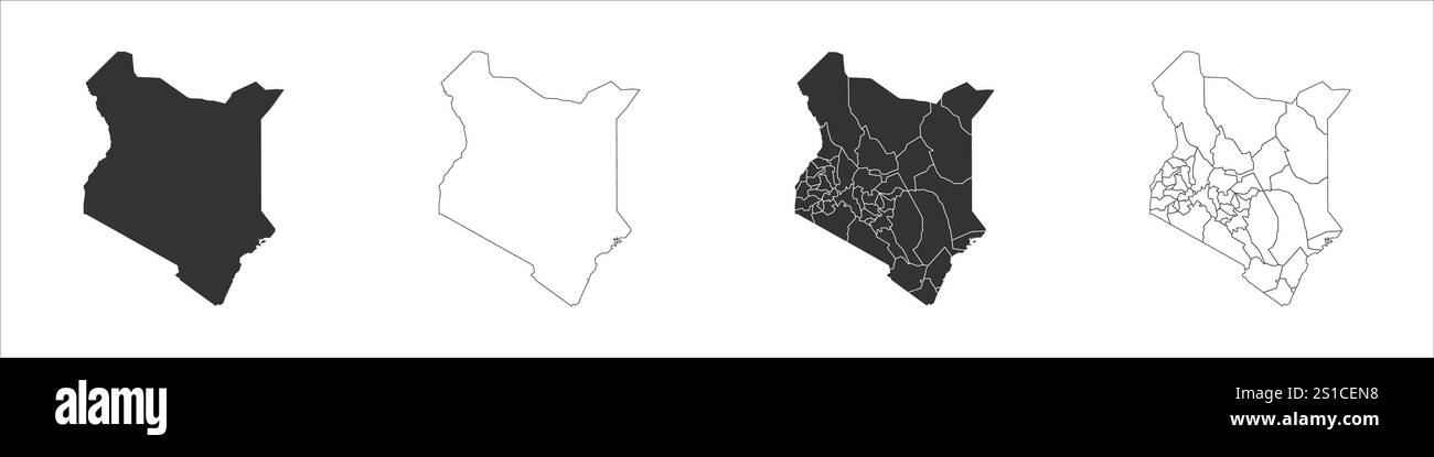Kenya set of three maps - solid map, outline map and map highlighting administrative divisions ...