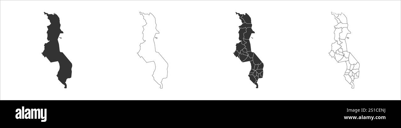 Malawi set of three maps - solid map, outline map and map highlighting administrative divisions ...