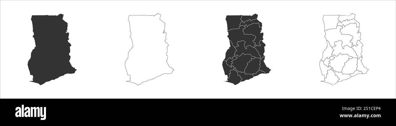 Ghana set of three maps - solid map, outline map and map highlighting administrative divisions ...