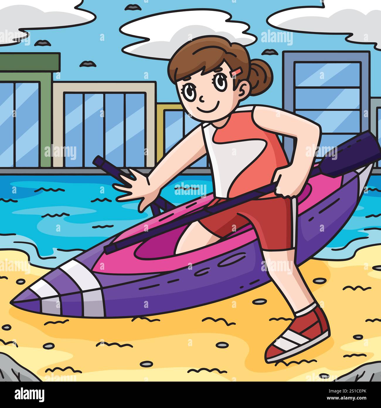 Rowing Oarswoman Getting on Boat Colored Cartoon Stock Vector Image ...