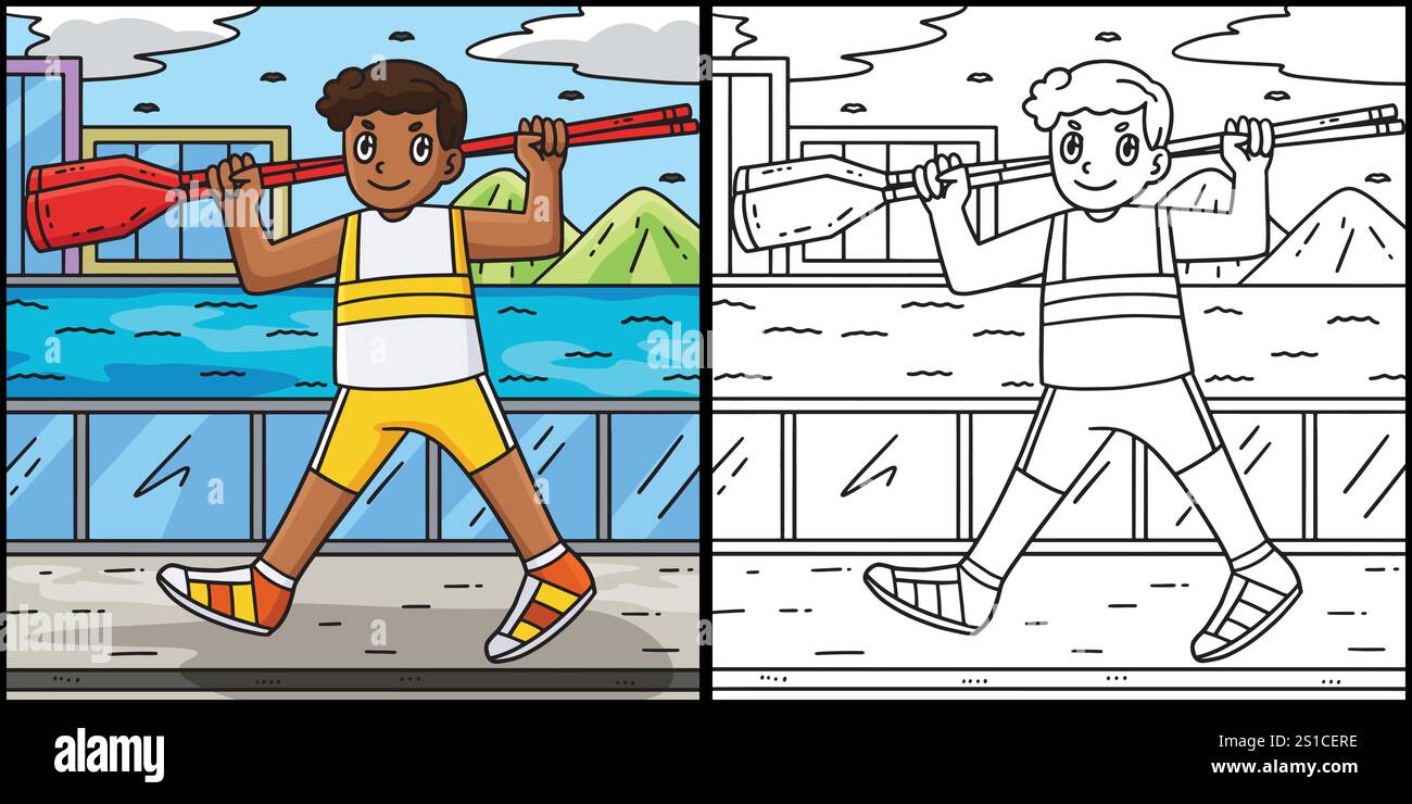 Rowing Oarsman Carrying Oars Coloring Illustration Stock Vector Image ...