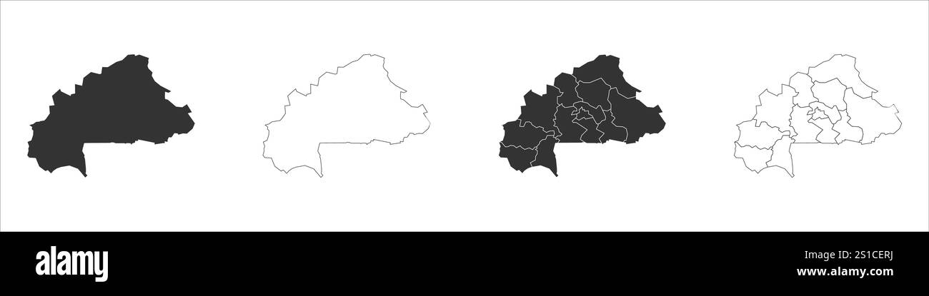 Burkina Faso set of three maps - solid map, outline map and map highlighting administrative ...