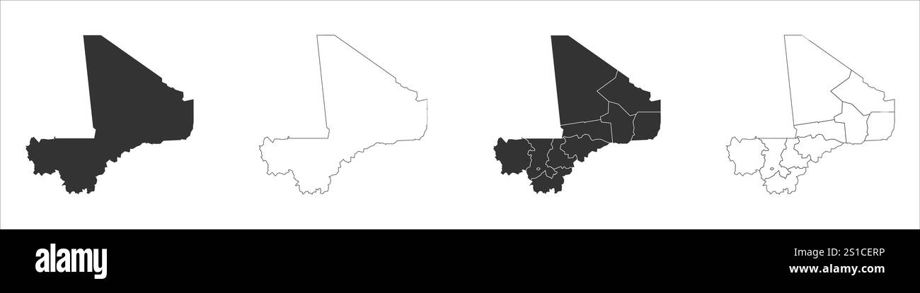 Mali set of three maps - solid map, outline map and map highlighting administrative divisions ...