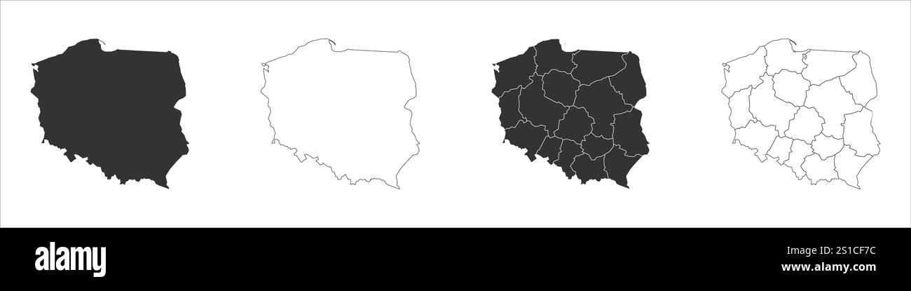Poland set of three maps - solid map, outline map and map highlighting ...