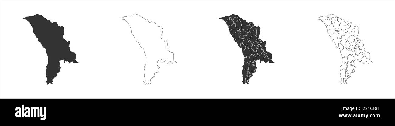 Moldova set of three maps - solid map, outline map and map highlighting administrative divisions ...