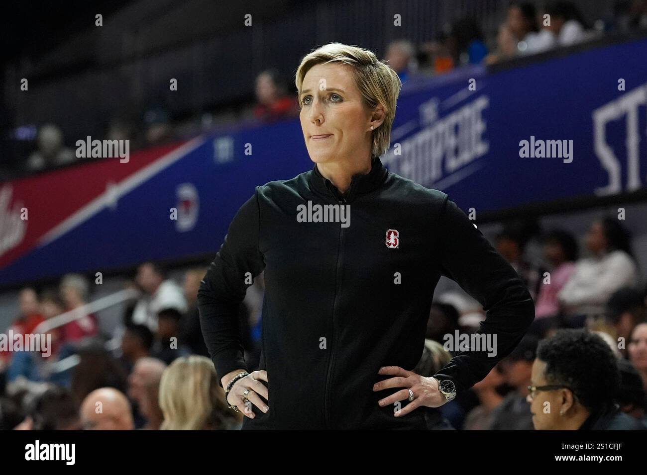 Stanford head coach Kate Paye looks on from the sideline during the ...