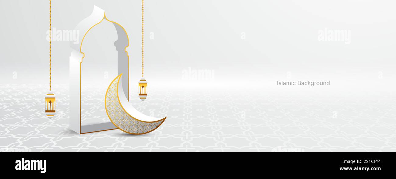 islamic banner background with crescent , lantern and gate in white and ...