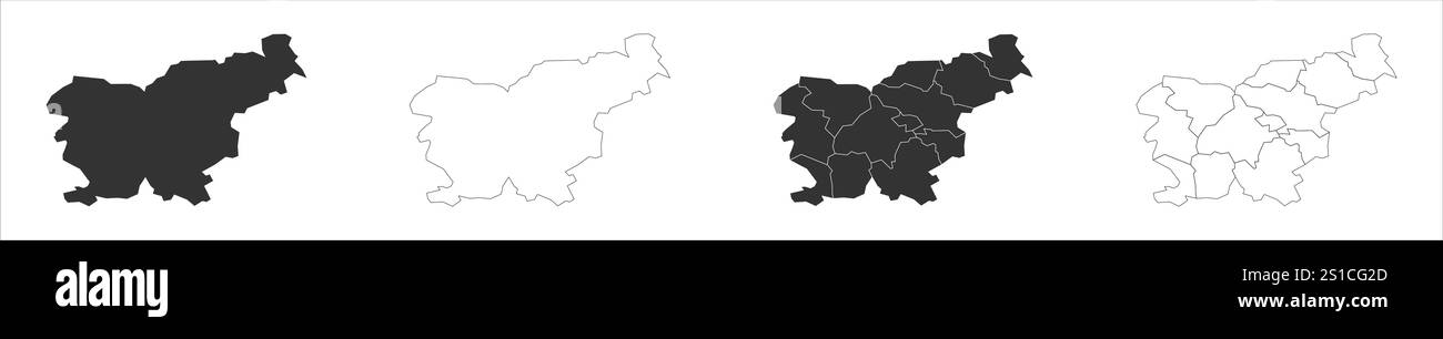Slovenia set of three maps - solid map, outline map and map highlighting administrative ...