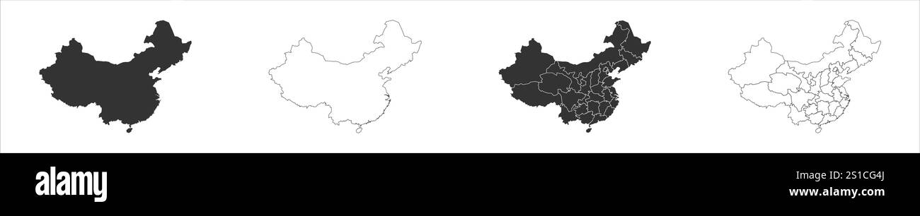 China set of three maps - solid map, outline map and map highlighting ...