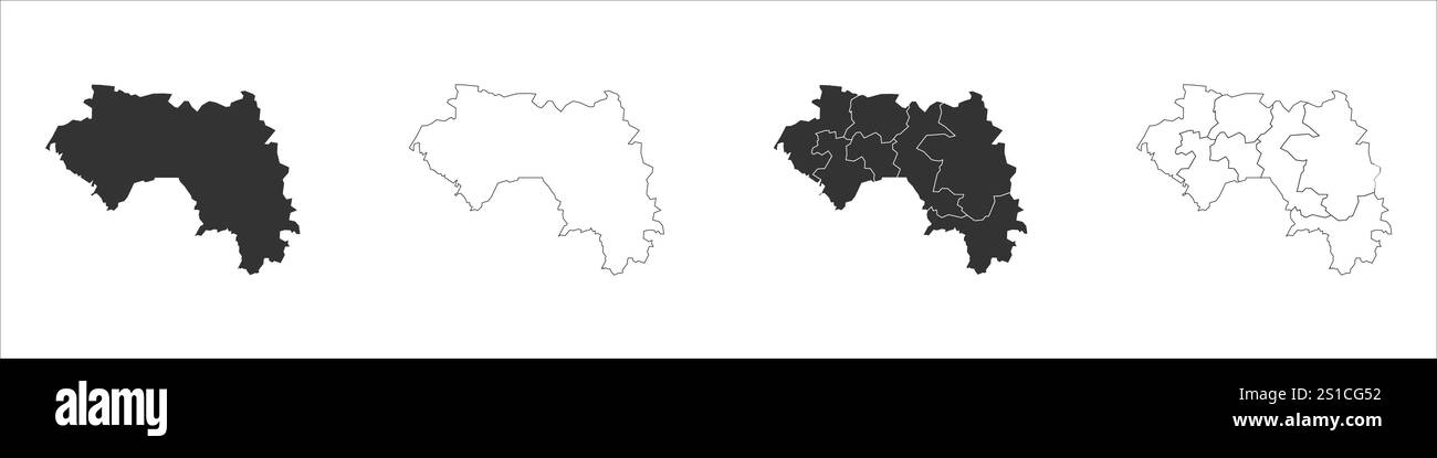 Guinea set of three maps - solid map, outline map and map highlighting administrative divisions ...