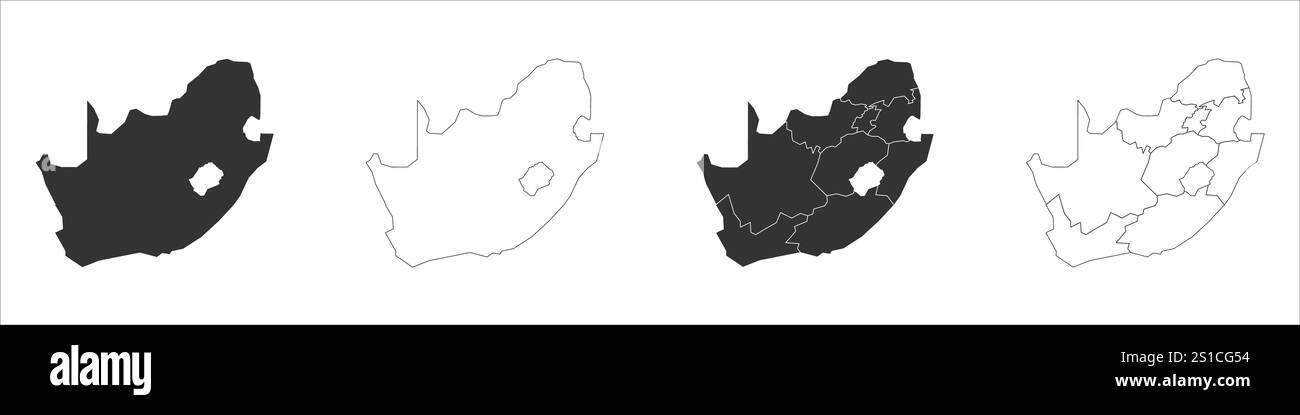 South Africa set of three maps - solid map, outline map and map highlighting administrative ...