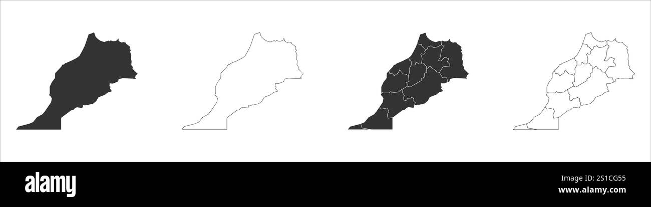 Morocco set of three maps - solid map, outline map and map highlighting administrative divisions ...