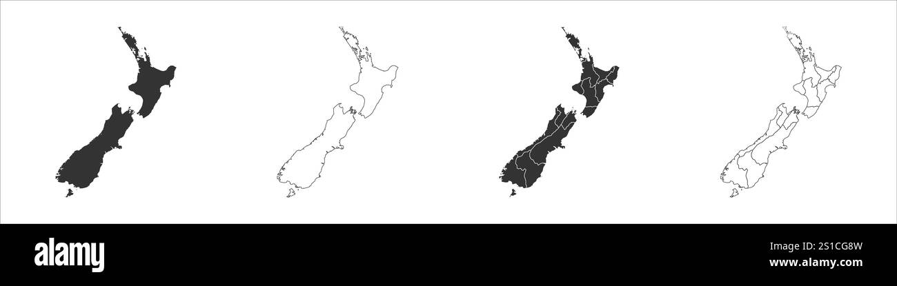 New Zealand set of three maps - solid map, outline map and map ...