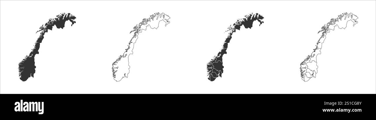 Norway set of three maps - solid map, outline map and map highlighting ...