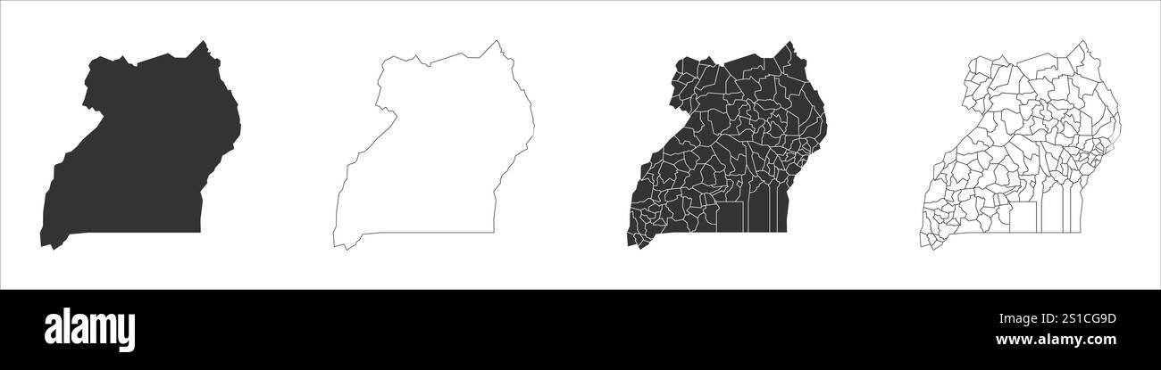 Uganda set of three maps - solid map, outline map and map highlighting ...