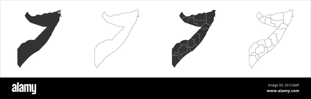 Somalia set of three maps - solid map, outline map and map highlighting administrative divisions ...