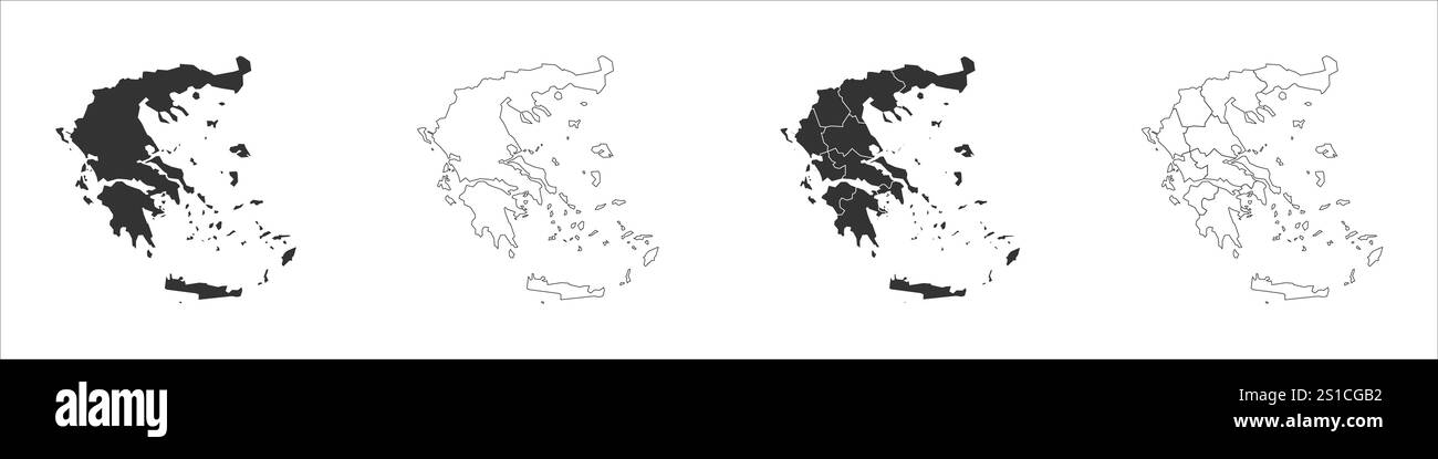 Greece set of three maps - solid map, outline map and map highlighting administrative divisions ...