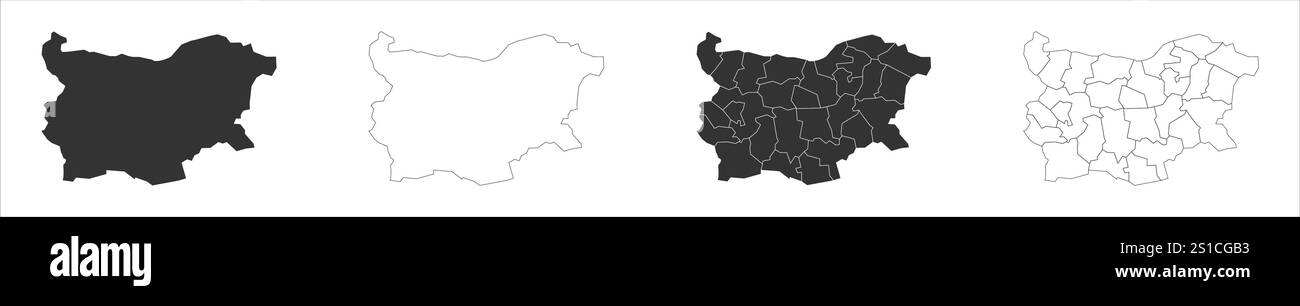 Bulgaria set of three maps - solid map, outline map and map highlighting administrative ...