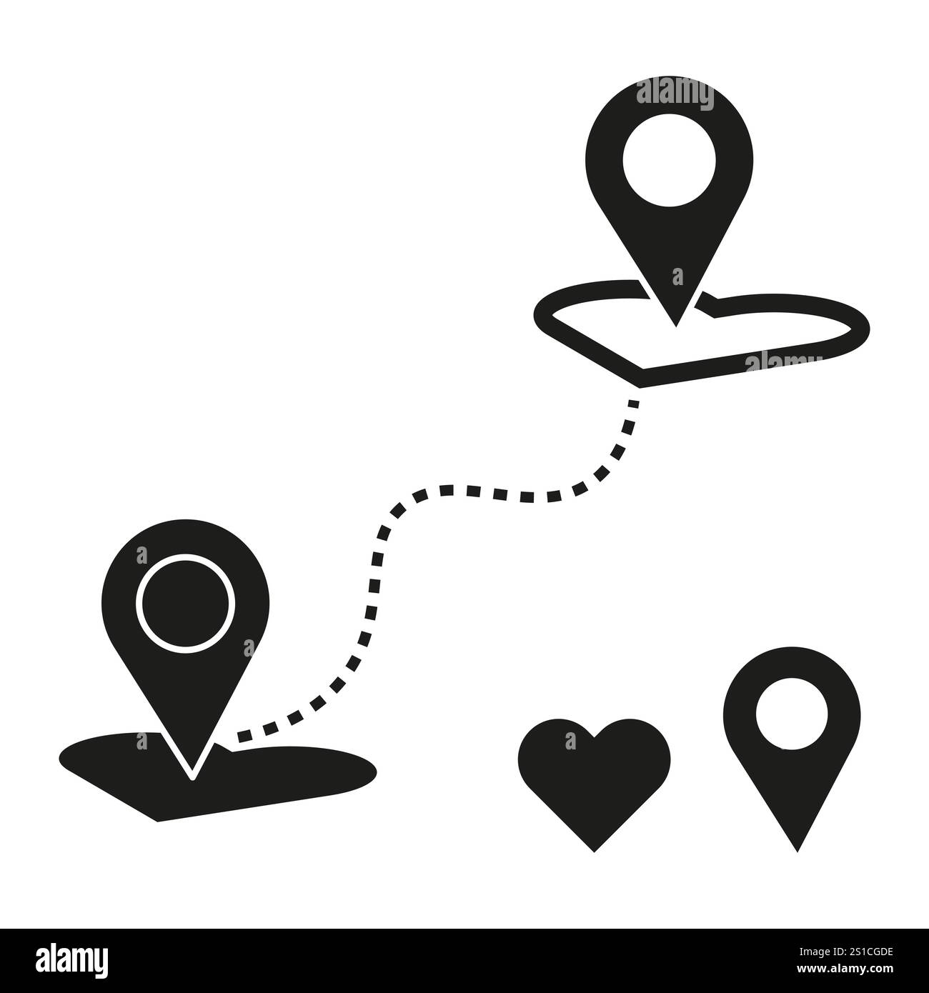 Route location icon. Navigation pin symbol. Black path vector. Heart ...