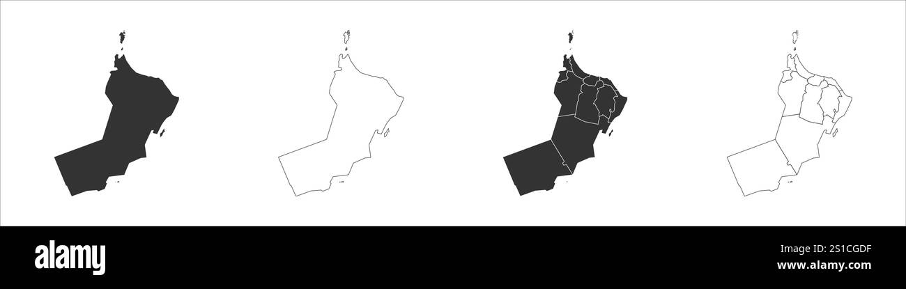 Oman set of three maps - solid map, outline map and map highlighting administrative divisions ...