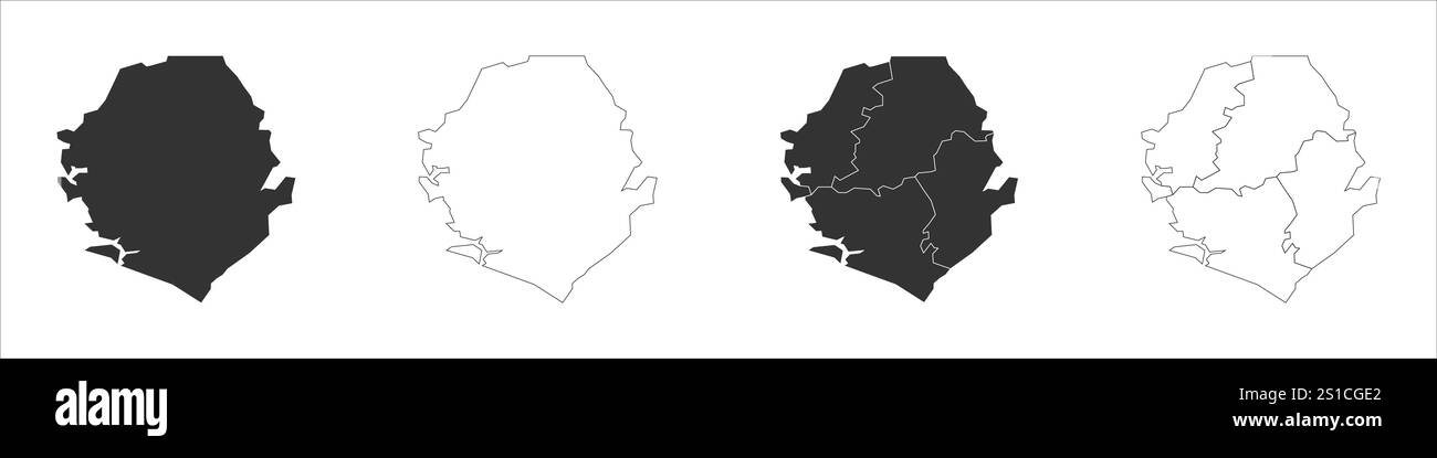 Sierra Leone set of three maps - solid map, outline map and map highlighting administrative ...