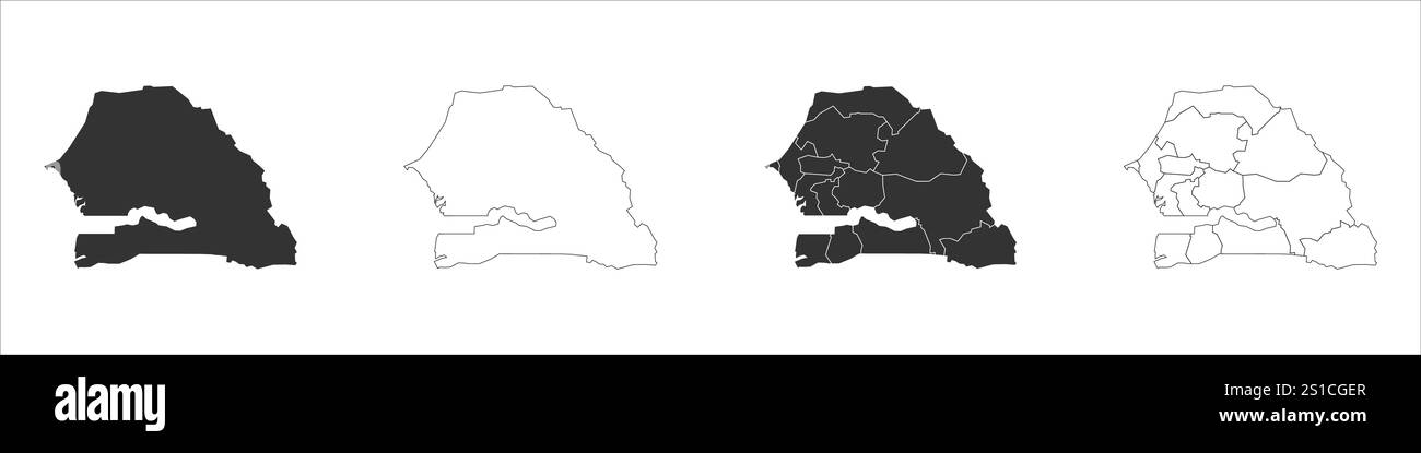 Senegal set of three maps - solid map, outline map and map highlighting administrative divisions ...