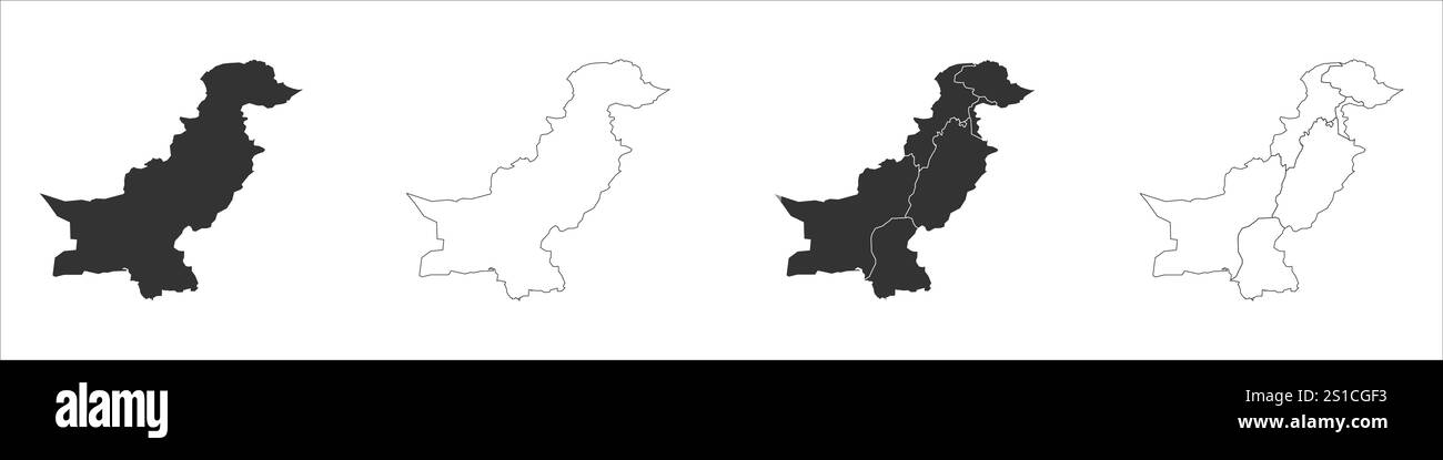 Pakistan set of three maps - solid map, outline map and map highlighting administrative ...