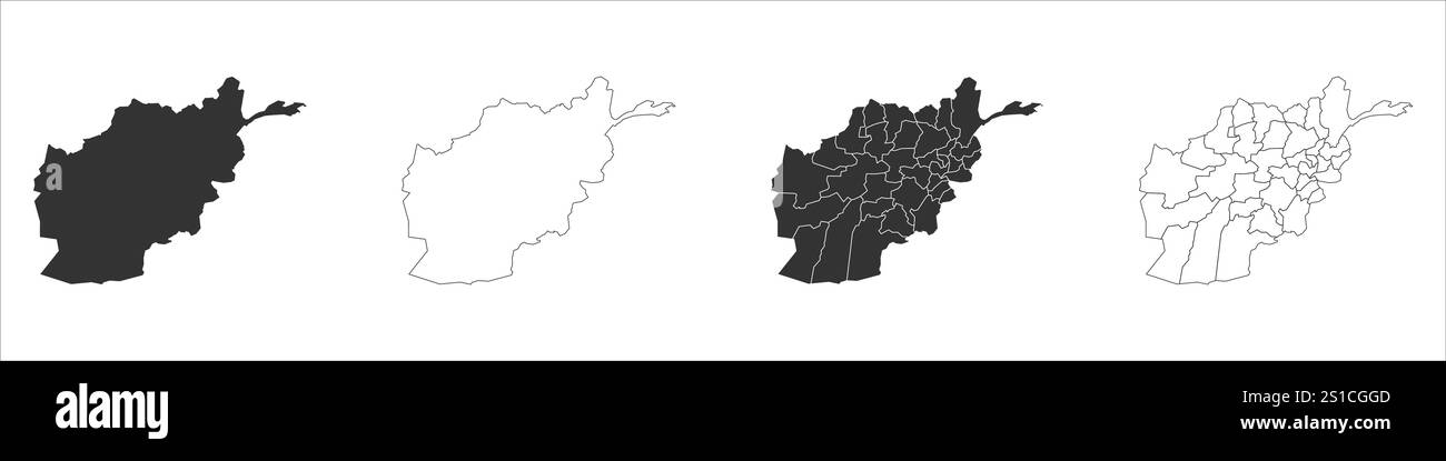 Afghanistan set of three maps - solid map, outline map and map highlighting administrative ...