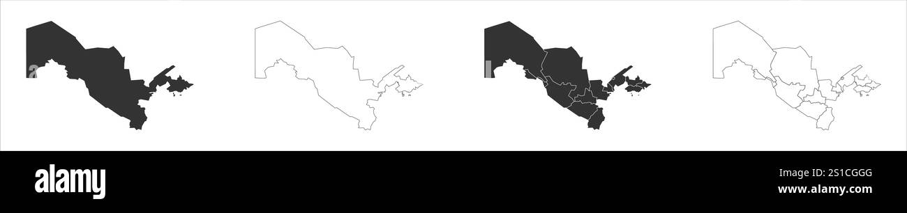 Uzbekistan set of three maps - solid map, outline map and map highlighting administrative ...
