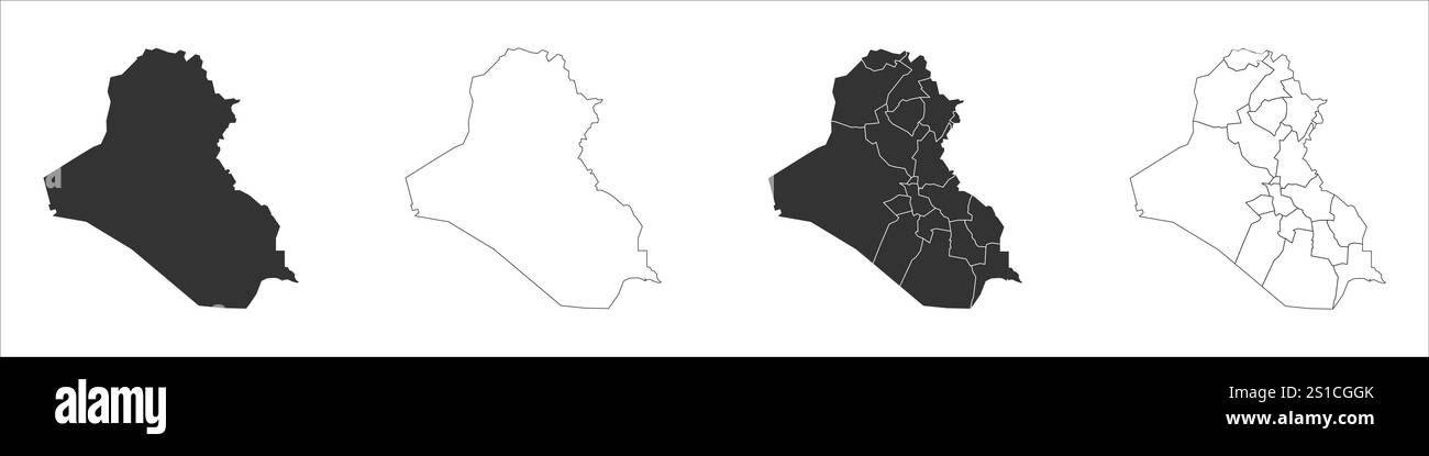 Iraq set of three maps - solid map, outline map and map highlighting administrative divisions ...