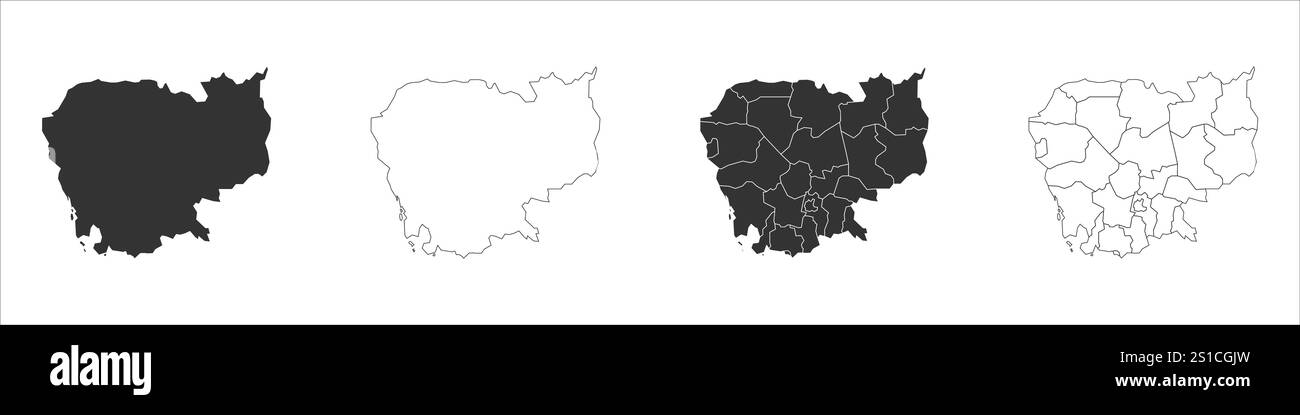 Cambodia set of three maps - solid map, outline map and map ...