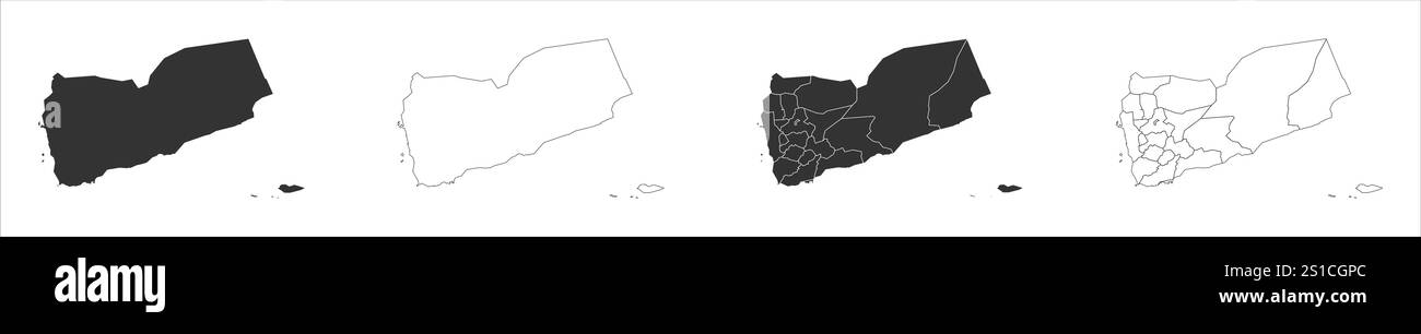 Yemen set of three maps - solid map, outline map and map highlighting administrative divisions ...