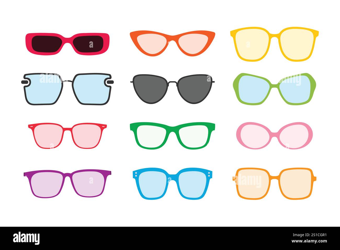 Twelve pairs of glasses and sunglasses in various colors and styles ...