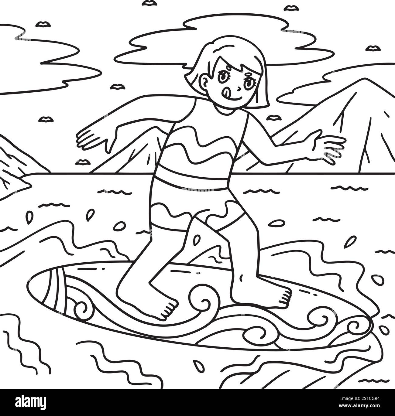 Surfing Girl Balance on Surfboard Coloring Page Stock Vector Image ...