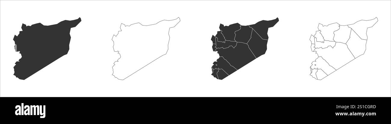 Syria set of three maps - solid map, outline map and map highlighting administrative divisions ...