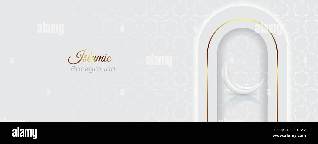 white islamic banner background with crescent, gate and golden line on ...