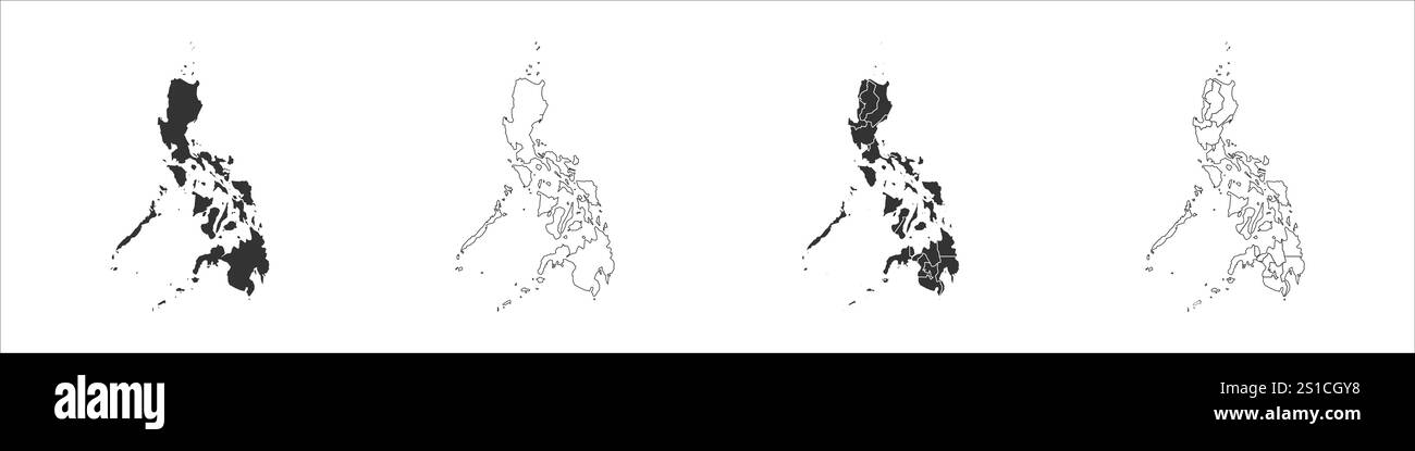 Philippines set of three maps - solid map, outline map and map highlighting administrative ...