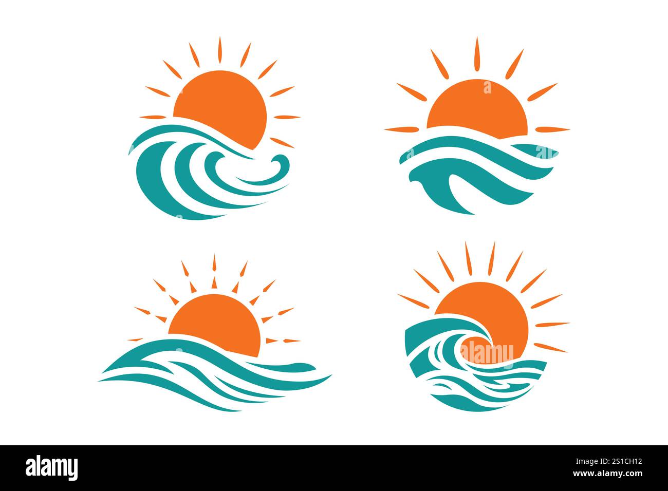 A collection of four simple graphic designs depicting a stylized sun ...