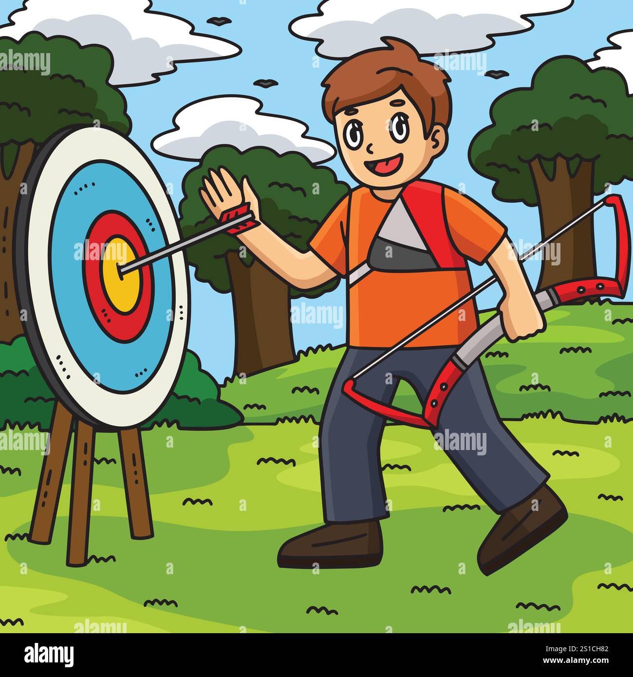 Archery Archer Retrieving Arrow Colored Cartoon Stock Vector Image ...