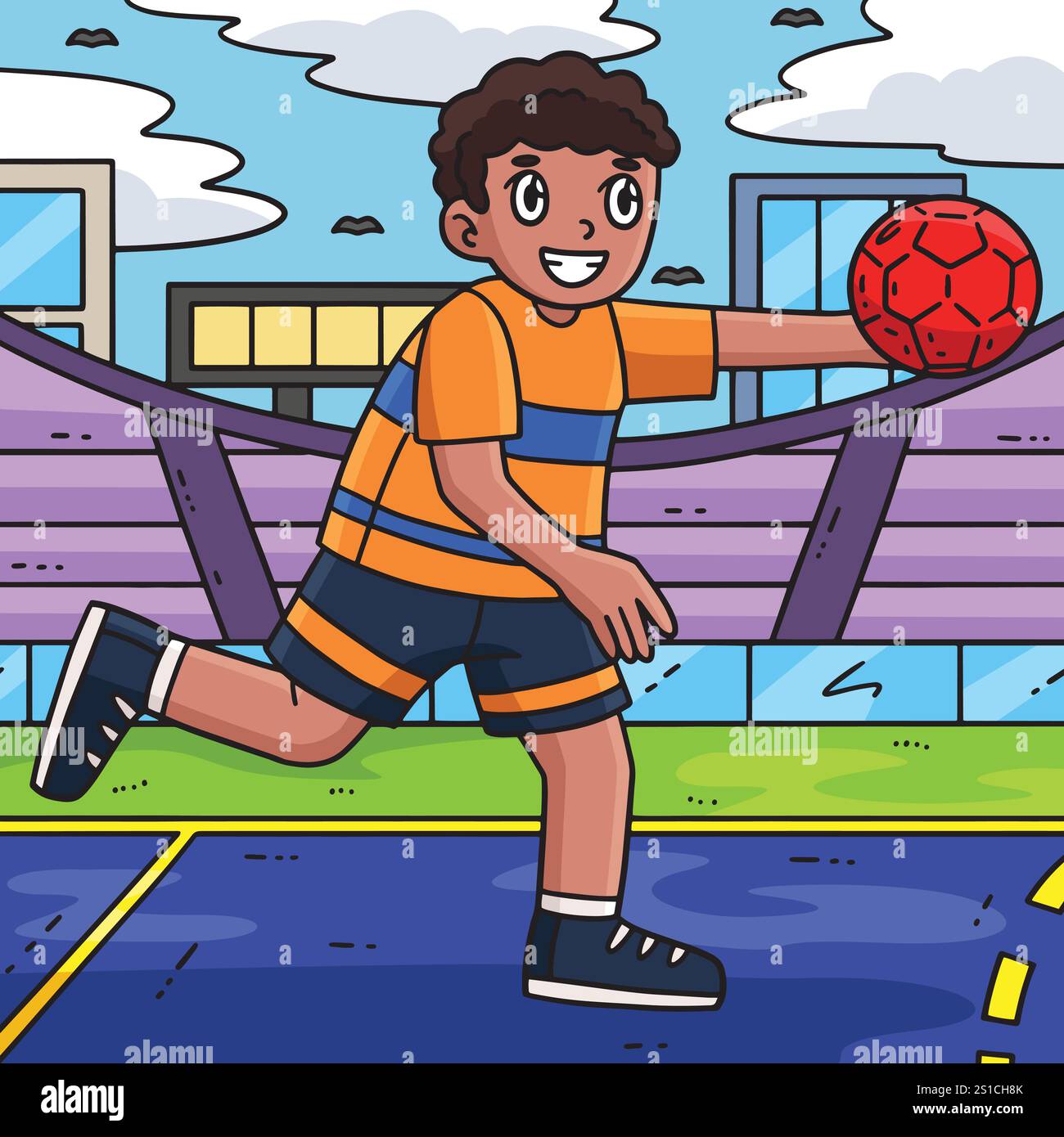Handball Player Running with Ball Colored Cartoon Stock Vector Image ...
