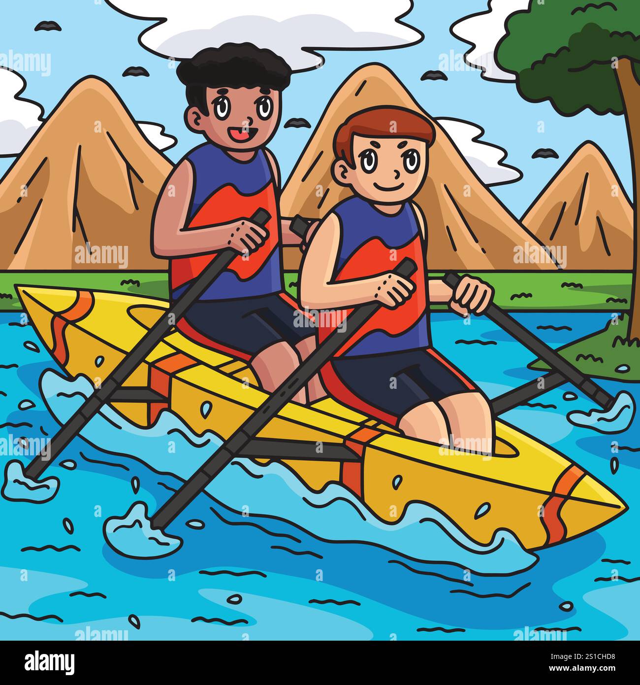 Rowing Pair Oarsmen Colored Cartoon Illustration Stock Vector Image ...