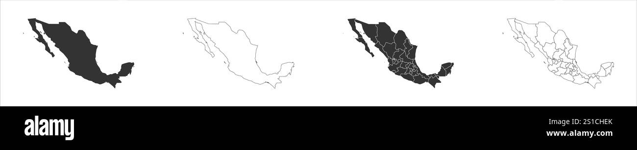 Mexico set of three maps - solid map, outline map and map highlighting ...
