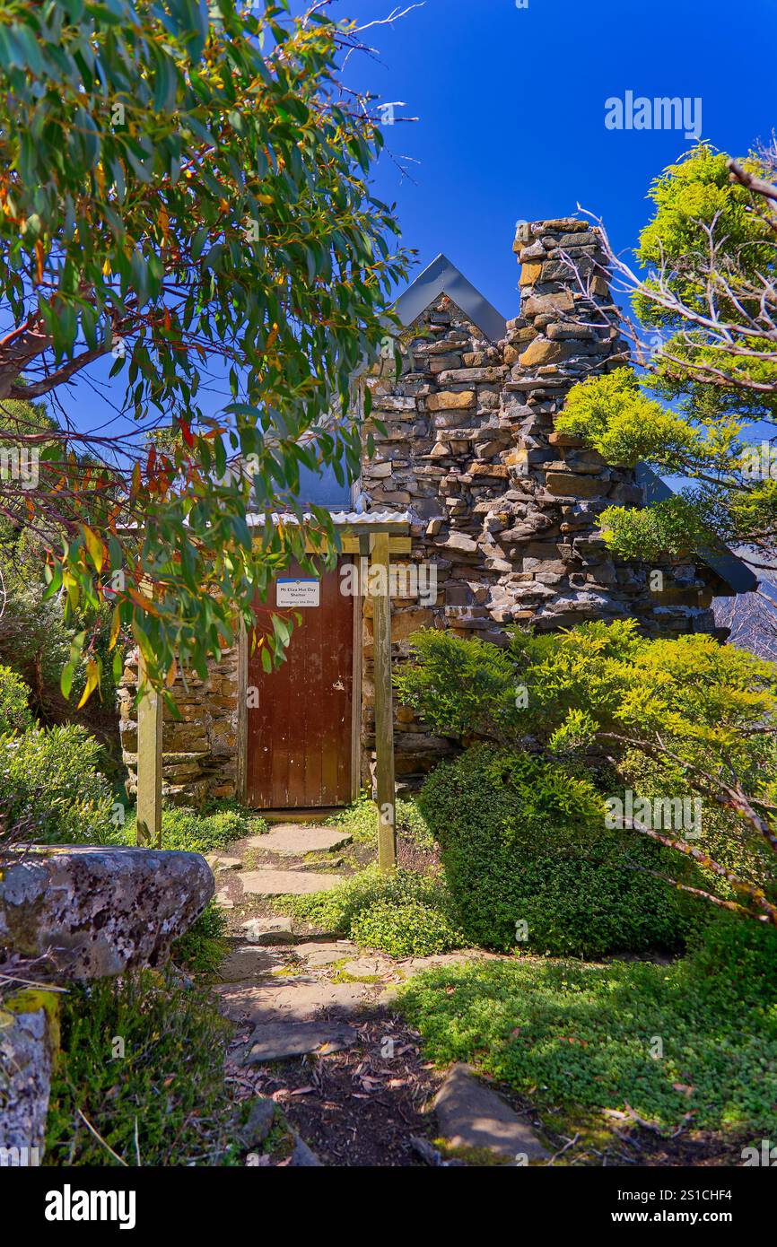 Emergency shelter hut stone cottage with vegetation and path on Mount ...