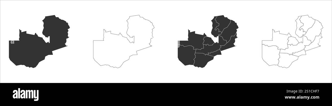 Zambia set of three maps - solid map, outline map and map highlighting administrative divisions ...